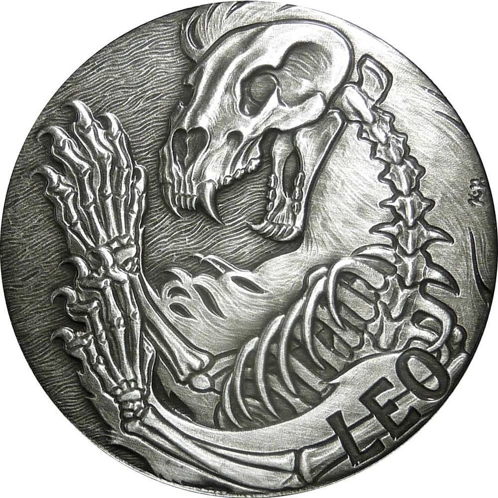 2015 Leo – Zodiac Skull Series 1oz Silver Antiqued Coin | The Coin Chest