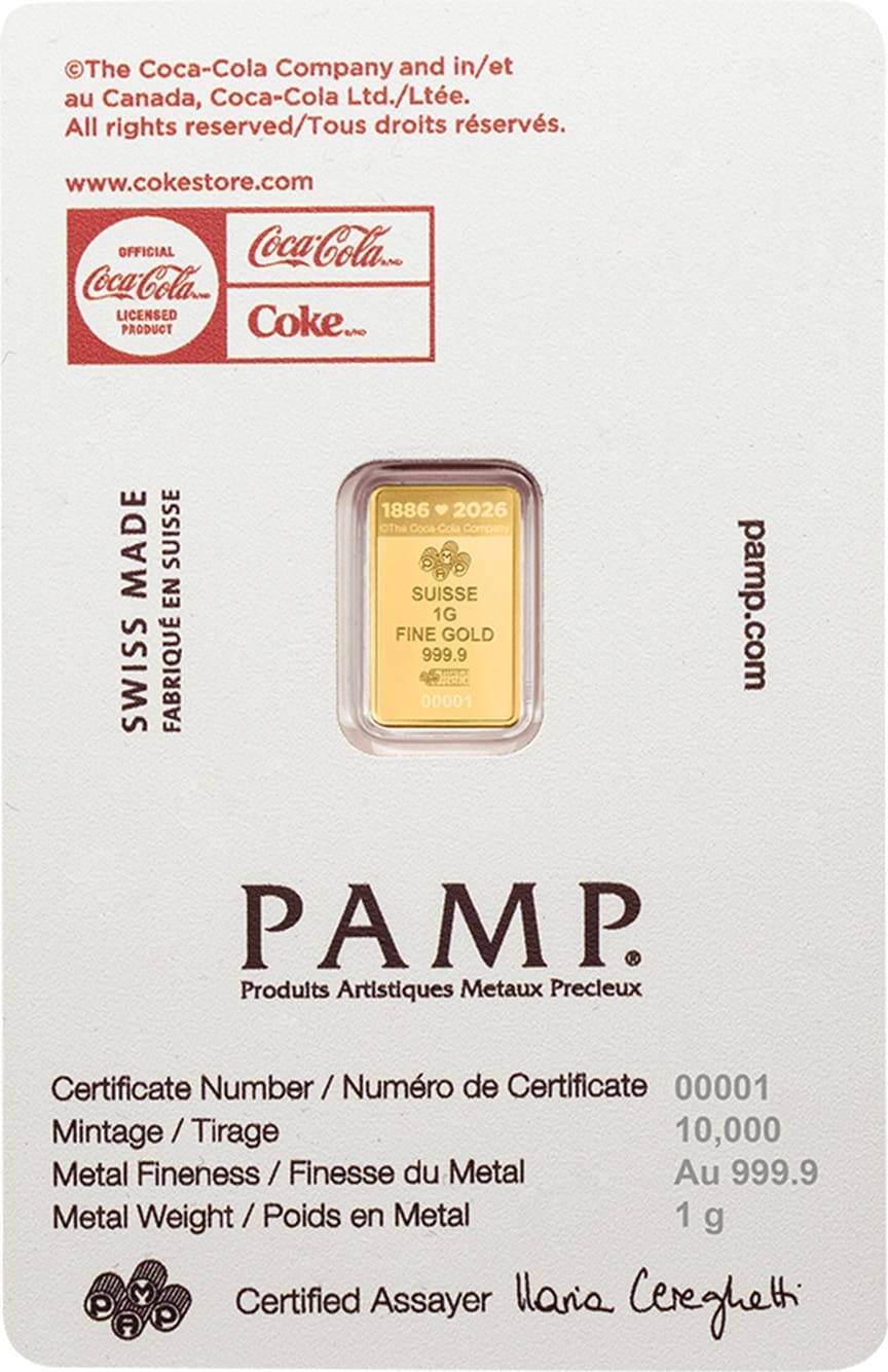 Pamp Suisse 1g Coca-Cola Valentine’s Love .9999 Gold Proof like Bar ...